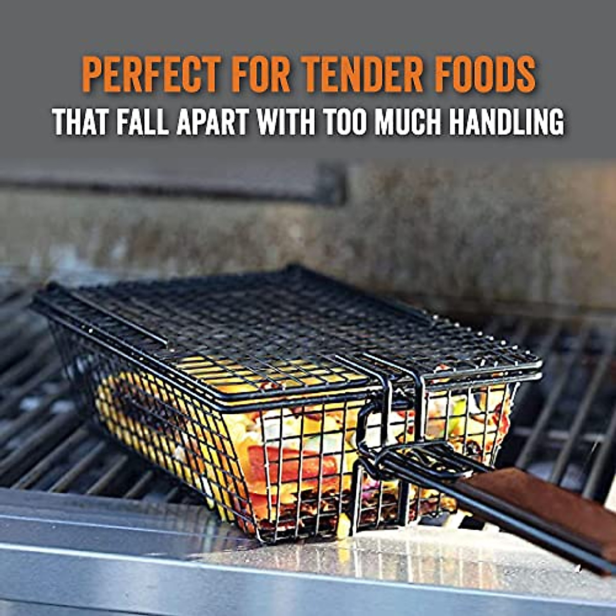 Yukon Glory Premium Grilling Basket, Designed Grill Vegetables, Seafood, Poultry and Meats, Unique Locking Mechanism to Easily Flip Food, Foldable Handle for Compact Storage