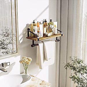 Love-KANKEI Floating Shelf Wall Shelf for Storage Rustic Wood Kitchen Spice Rack with Towel Bar and 8 Removable Hooks for Organize Cooking Utensils or Mugs Carbonized Black