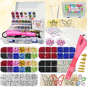 Hotfix Applicator Rhinestone, Larger Hot Fixed Rhinestones Applicator Tool Pen Kit, Bedazzler Kit with Rhinestones for Clothes Crafts Badazzle, 19 Color Gems Crystals, Templates, 30/20/16SS w/Case