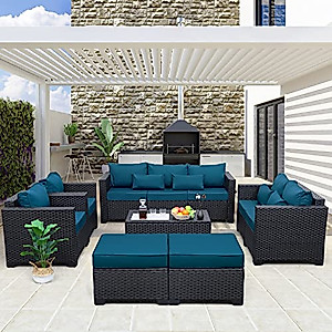 Rattaner Patio Furniture Set 7 Pieces Couch Outdoor Chairs Coffee Table Peacock Blue Anti-Slip Cushions and Waterproof Covers