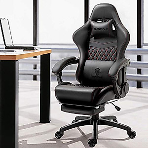 Dowinx Gaming/Office PC Chair with Massage Lumbar Support, Vintage Style PU Leather High Back Adjustable Swivel Task Chair with Footrest (Black and Red)