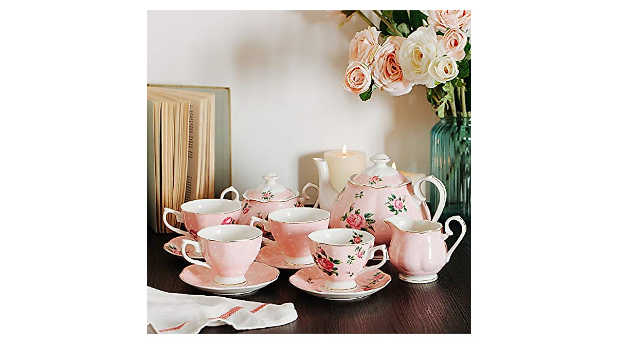 BTaT- Floral Tea Set, Tea cups (8oz), Tea Pot (38oz), Creamer and Sugar ...