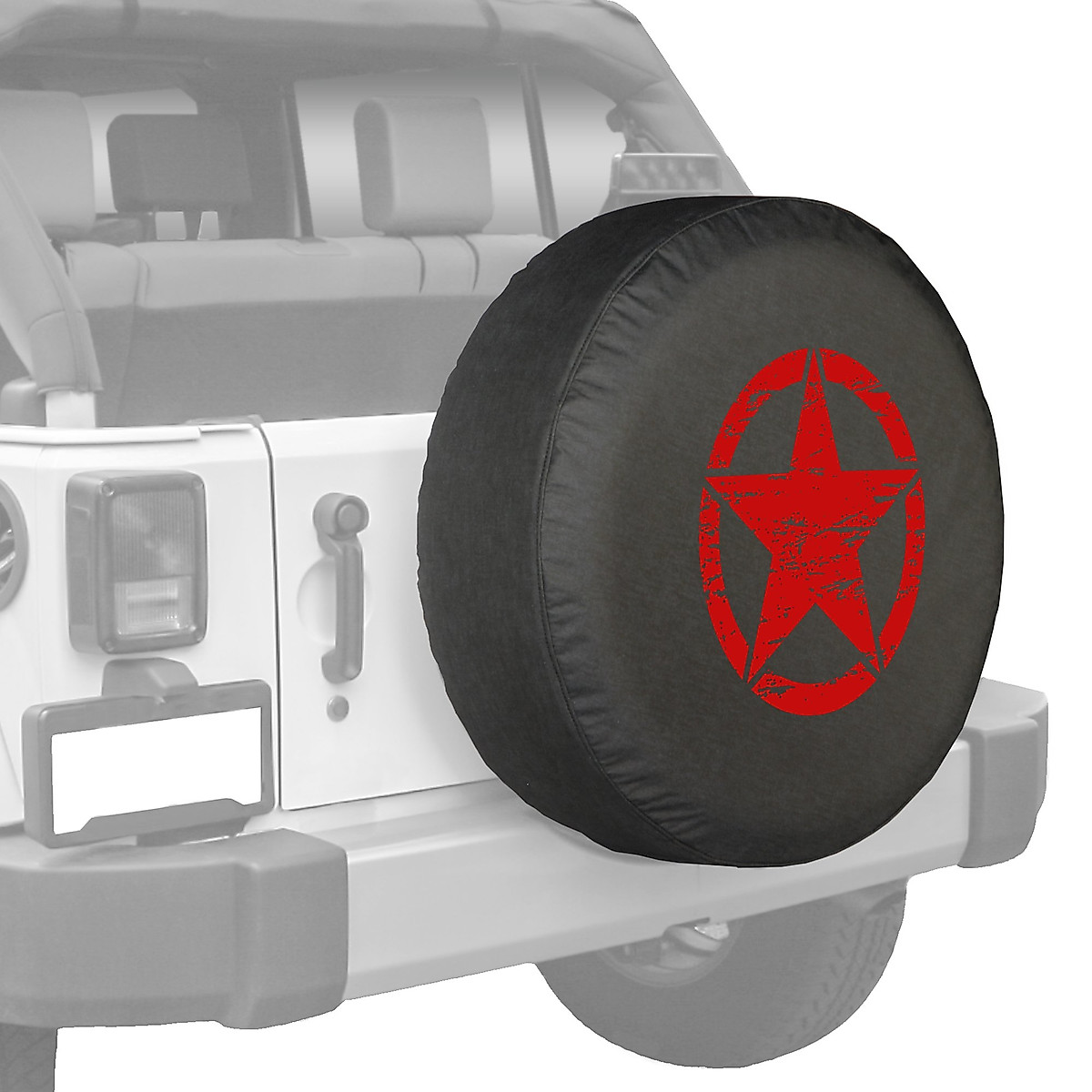 Boomerang - 32" Distressed Star - Spare Tire Cover - (Black Denim Vinyl) for Jeep Wrangler JK (2007-2018) - Red (Bright) Print - Made in The USA