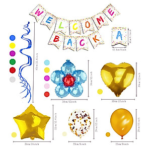 Welcome Back Sign Banner Decoration Kit Including Welcome Back Banner Flower Star Heart Shape Balloons Gold Confetti Glitter Balloons and Hanging Swirls for Home, School, Office Party Decor Supplies