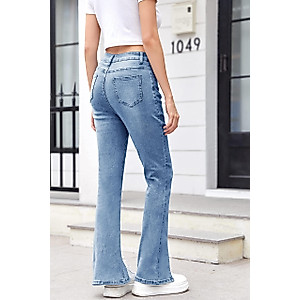 Jauoop Women's High Waist Bootcut Jeans Split Hem Straight Leg Skinny Denim Pants with Pockets Light Blue