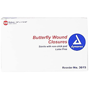 Dynarex Adhesive Bandage, Butterfly Fab, Medium, 3/8 Inches x 1 13/16 Inches Sterile, 100 Count