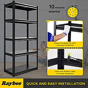 Raybee Storage Shelves 5 Tier Metal Garage Shelving Adjustable Garage Storage Shelves Heavy Duty Shelving Industrial Storage Rack for Garage Pantry Kitchen, 31.5" W x 16.5" D x 72" H Black