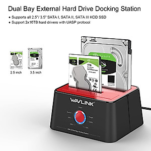 WAVLINK USB 3.0 to SATA I/II/III Dual Bay External Hard Drive Enclosure Docking Station, Caddy Reader for 2.5/3.5 inch SATA HDD SSD, 2x16TB and UASP Offline Cloner, Disk Duplicator Function- Red