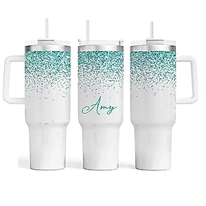 Personalized 40oz Tumbler With Handle and straw | Stainless Steel Insulated Tumbler | Travel Cup | Double Wall Coffee Cup for Hot and Cold Drinks | Teal Glitter Effect with Name