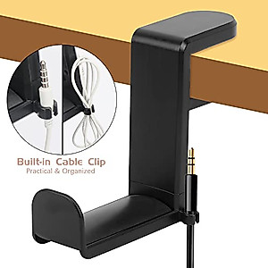 FYY Headphone Stand, 360 Degree Rotation Headset Hanger Holder, Adjustable Gaming Headphone Hook Under Desk Mount Headset Clamp with Cable Organizer Clip Black