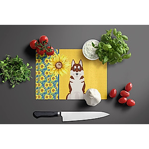Caroline's Treasures WDK5492LCB Summer Sunflowers Red Siberian Husky Glass Cutting Board Large Decorative Tempered Glass Kitchen Cutting and Serving Board Large Size Chopping Board