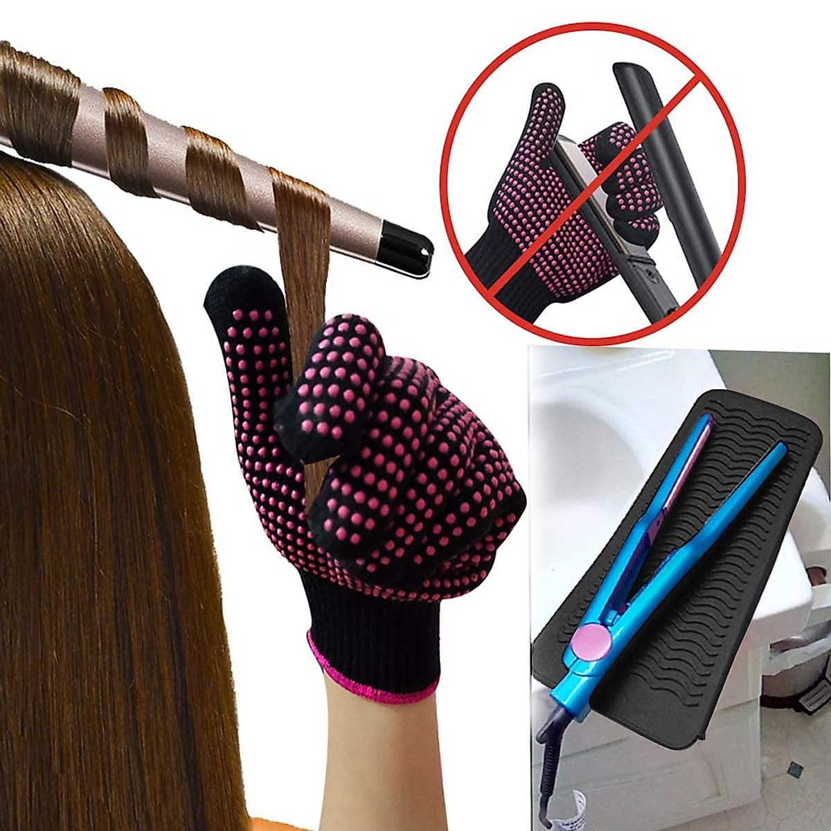Heat Resistant Silicone Mat and Glove Set for Hair Straighteners and Flat Irons - 11" x 6" Mat, 8.7" x 5.2" Bump Glove, Black