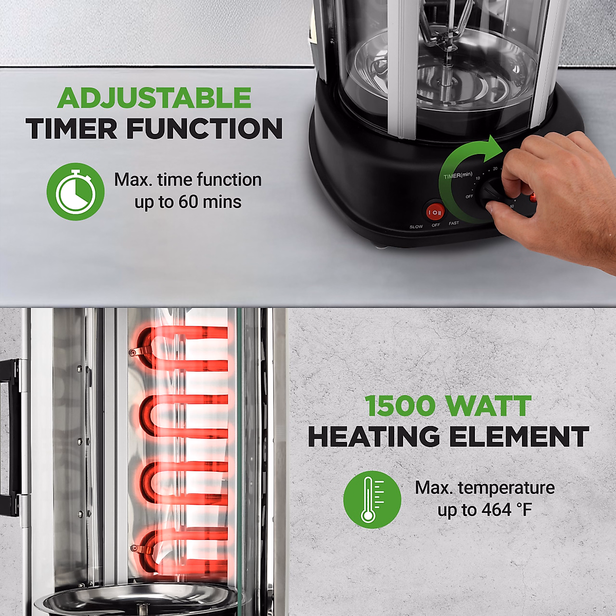 NutriChef Vertical Rotating Turkey & Shawarma Oven | Rotisserie, Shawarma, & Kebab Machine | Stain-Resistant, Energy-Efficient | Heat-Resistant Door | Includes Kebab Rack & 7 Skewers | Stainless Steel