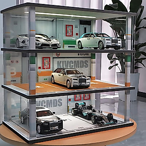 kivcmds Model Car Display Case 1:18 Scale Diecast Diorama Garage with Lights for Lego Alloy Car Collectibles Wood Storage Shelf,3 Tiers of 9 Parking Spaces