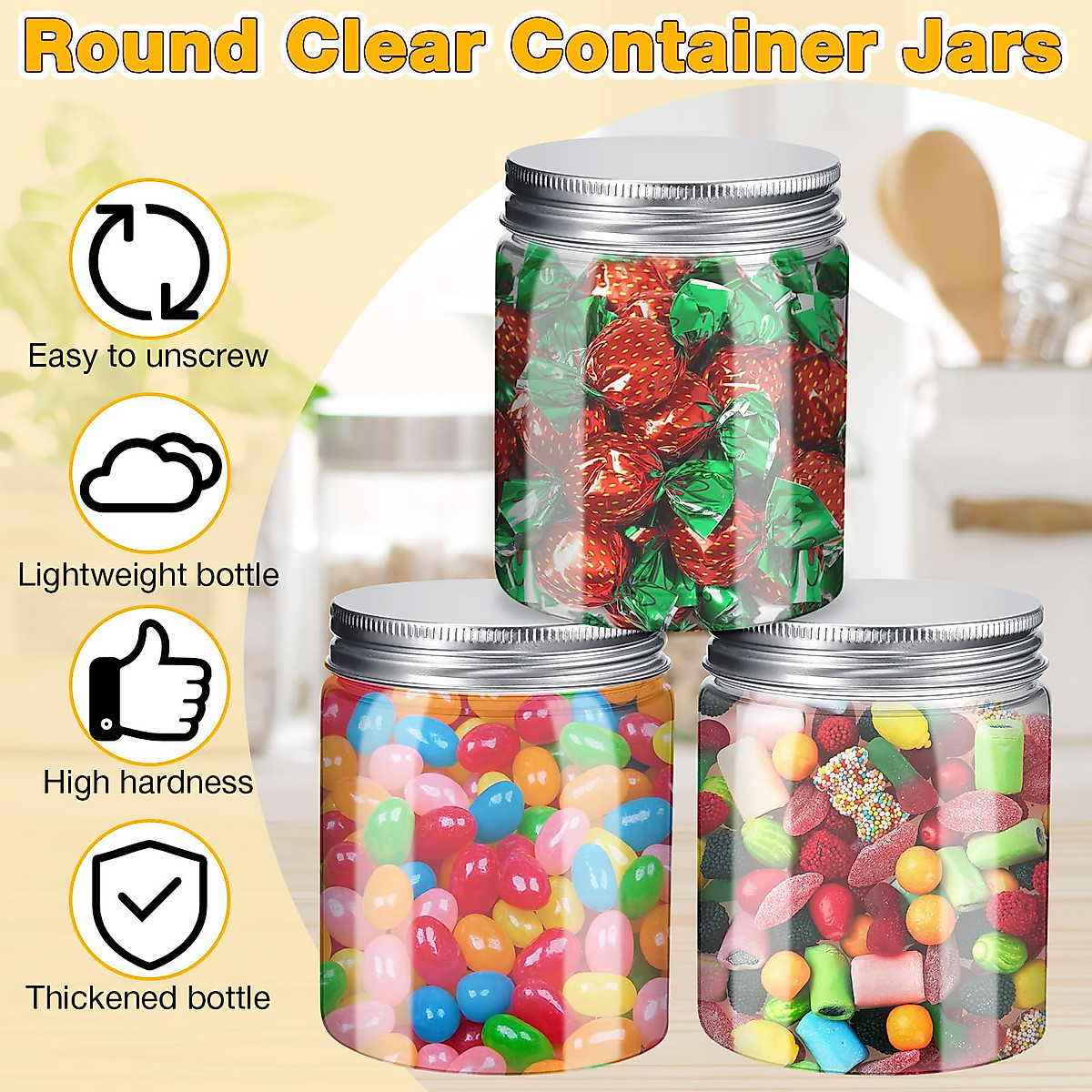 Tanlade 50 Pcs 8 oz Round Clear Container Jars with Lids Airtight Round Plastic Storage Jars Refillable Small Plastic Mason Jars Containers for Kitchen Household Food Storage Gold and Silver