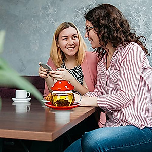 Aboyer Mushroom Cup Cute Glass Tea Cup with Infuser and Lid Kawaii Mushroom Mug Set Coffee Teapot with Ceramic Coasters 11oz (Orange)