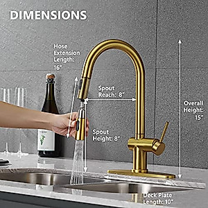 YardMonet Brushed Gold Kitchen Faucet with Pull Down Sprayer, Modern Gold Kitchen Sink Faucet Single Hole with 10" Deck Plate, Single Handle Pull Out Kitchen Faucets for Sink