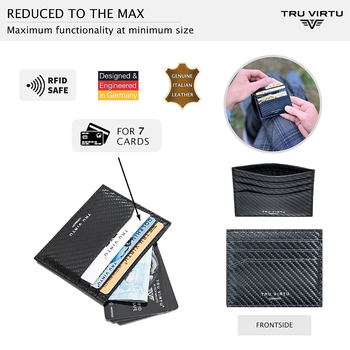 Tru Virtu® Ultra Slim Wallet Carbon Card Case I Credit Card Case I Card Case RFID NFC Protection I Genuine Italian Leather Card Case I Card Storage I Slim Wallet I Card Holder
