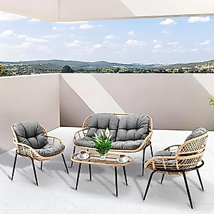Urban Home Furniture Belize 4-Piece PE Natural Rattan Outdoor Conversation Set, 2 Single Chairs with Cushions, Loveseat with Cushions, Coffee Table with Glass Top, with Grey Cushions