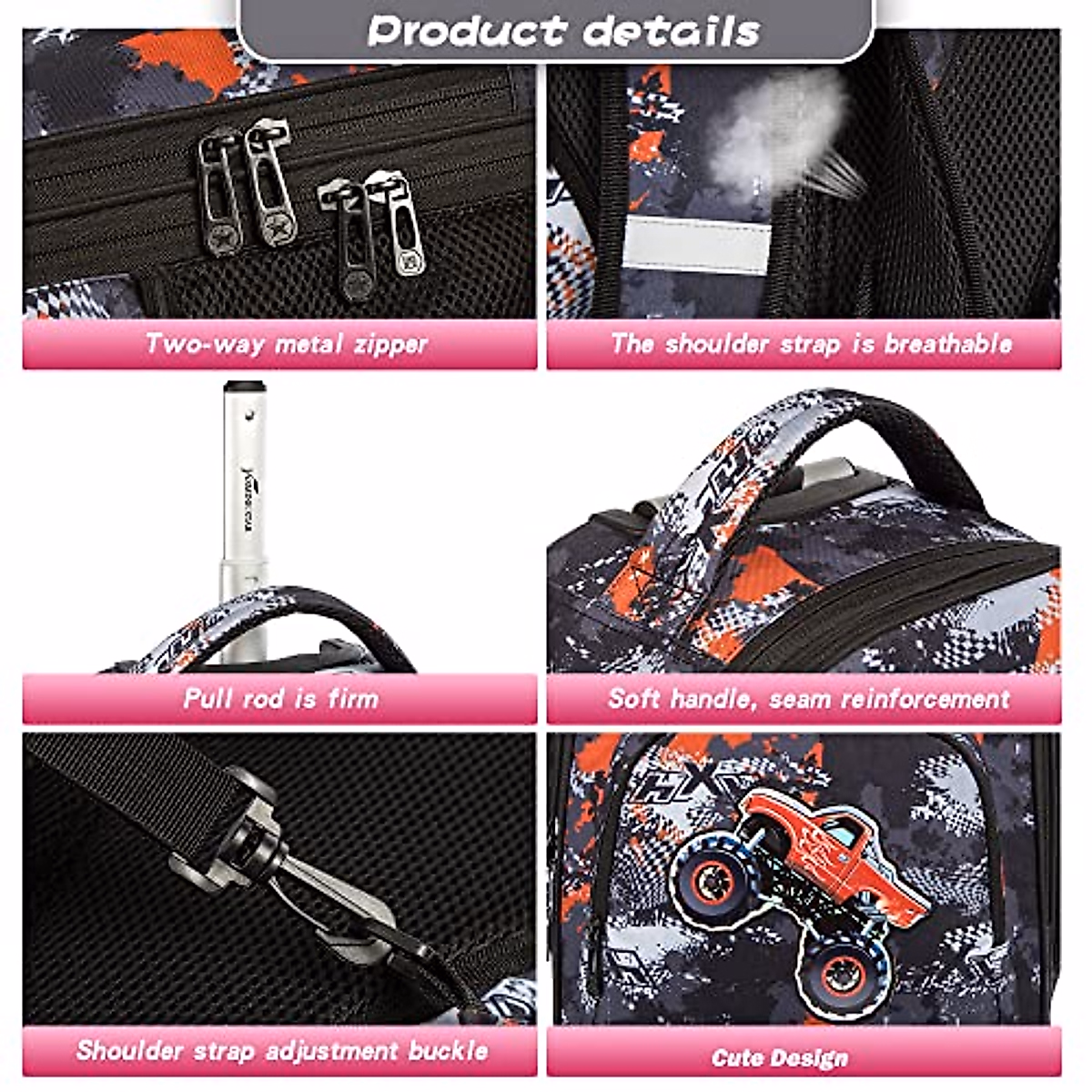 MOHCO 19 inch Rolling Backpack Set Wheeled School Book bag with Insulated Lunch Bag and Pencil Case (Moto)