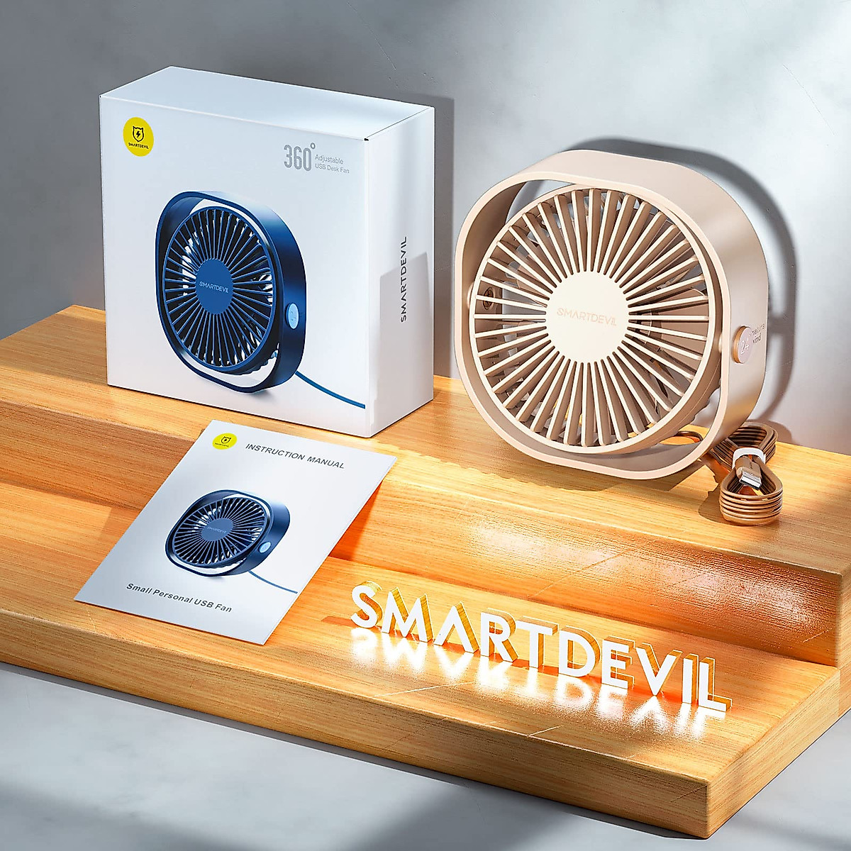 SMARTDEVIL Small Personal USB Desk Fan, 3 Speeds Portable Desktop Table Cooling Fan Powered by USB, Strong Wind, Quiet Operation, for Home Office Car Outdoor Travel (Light Brown)