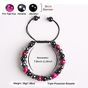 OAHERAS Beaded Bracelets for Women Triple Protection Spiritual Healing Natural Pink Tiger Eye Black Obsidian and Hematite 8mm Stone Bead Energy Crystal Bracelet - Bring Good Luck and Happiness