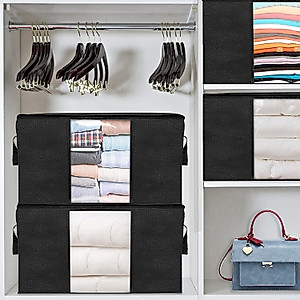 Txtsegose 3 Pack Clothes Storage Bag,Large Capacity Organizer with Reinforced Handle Thick Fabric for Comforters, Blankets, Bedding, Foldable with Sturdy Zipper, Clear Window, Black