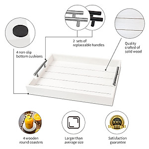 SXNOWS White Wooden Coffee Table Tray - Large Ottoman Tray for Living Room - White Wooden Serving Tray with Handles(2 Sets) - Wooden Serving Tray for Ottoman, 4 Round Coasters Included