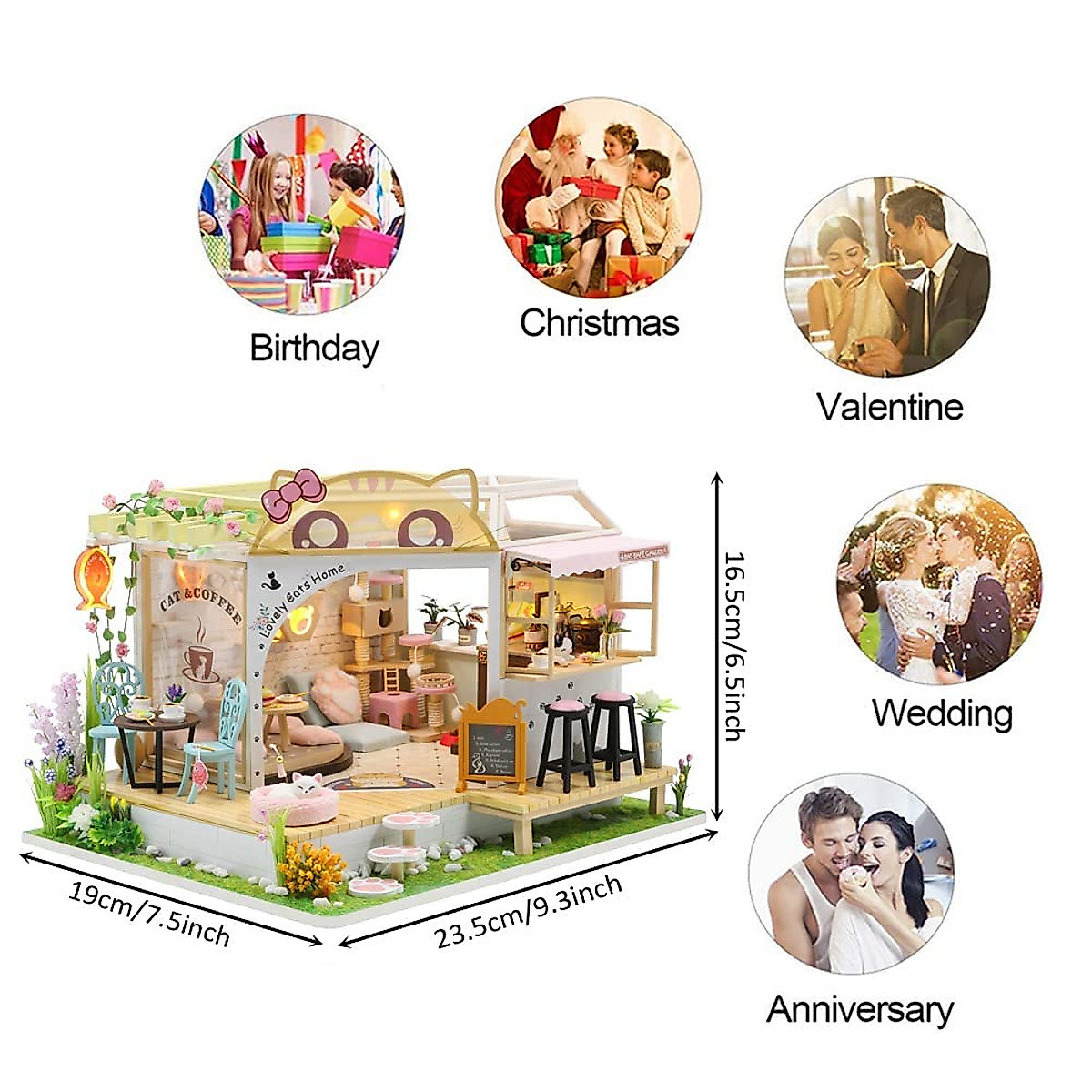 SYW DIY LED Lights Miniature Dollhouse Kit Cat Coffee Doll House Model Wooden Furniture for Christmas 's Day Creative Gifts with Dust Cover and Music （Cat Coffee Shop ）