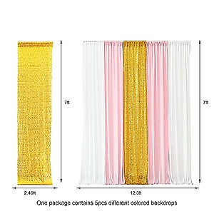 Backdrop Curtains Pink White Backdrop Drapes Fabric with Gold Sequin Backdrop for Birthday Party Baby Shower Girl Bedroom Decoration 5PCS 1.6ft×7ft