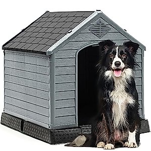 YITAHOME 34.5'' Large Plastic Dog House Outdoor Indoor Doghouse Puppy Shelter Water Resistant Easy Assembly Sturdy Dog Kennel with Air Vents and Elevated Floor (34.5''L*31''W*32''H, Black+Gray)