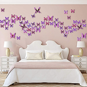 48 PCS Removable 3D Butterfly Wall Stickers Decals DIY Wall Art Decor Home Wall Decoration Sticker Mural for Kids Girls Children Bedroom Living Room Background Nursery (Purple)