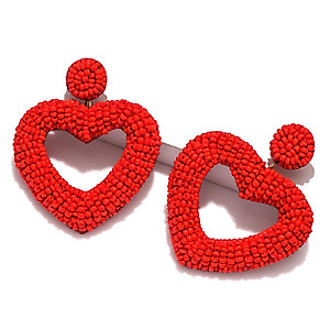 CEALXHENY Beaded Drop Earrings Handmade Seed Bead Heart Hoop Dangle Earrings Bohemia Statement Earring Studs for Women (Red)