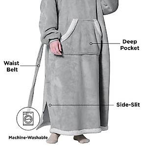Bedsure Oversized Wearable Blanket Hoodie - Long Sherpa Fleece Hooded Blanket for Adult Women Men, Warm Cozy Big Blanket Sweatshirt with Giant Pocket and Belt, Winter Gifts for Men, Oversize, Grey