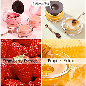 Bee Lip Balm Honey Pot, Strawberry & Honey Moisturizing Propolis Lip Mask, Hydrating & Prevention Dry and Cracked Lip Scrubs Exfoliator, Reduces Lip Lines (Yellow & Pink)
