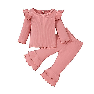 Clothes for Baby Girls Infant Girls Long Sleeve Solid Ribbed Tops and Ruffles Flare Pants Outfits Pink