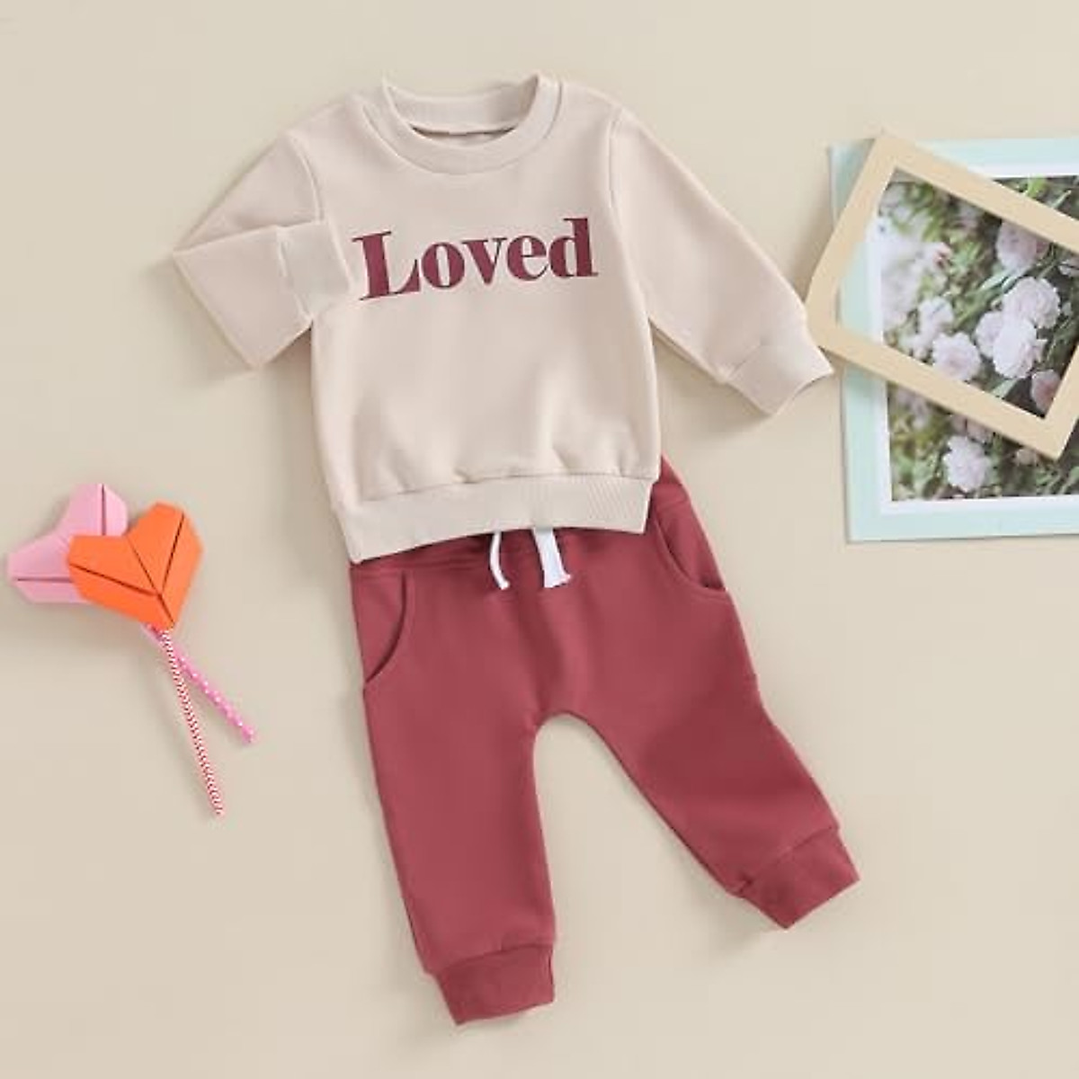Meiweileya Infant Baby Boy Girl Fall Winter Clothes Loved Long Sleeve Sweatshirt Pullover Tops Red Pants Set Valentines Day Outfit 2Pcs (Khaki+Red, 12-18 Months)