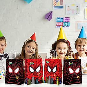 20Pcs Hero Party Treat Bags with Handles,Large Thick Kraft Double Sided Spider Web Printed Durable Gift Goodie Treat Candy Bags for Kids Boys Hero Theme Spider Birthday Party Supplies and Decorations