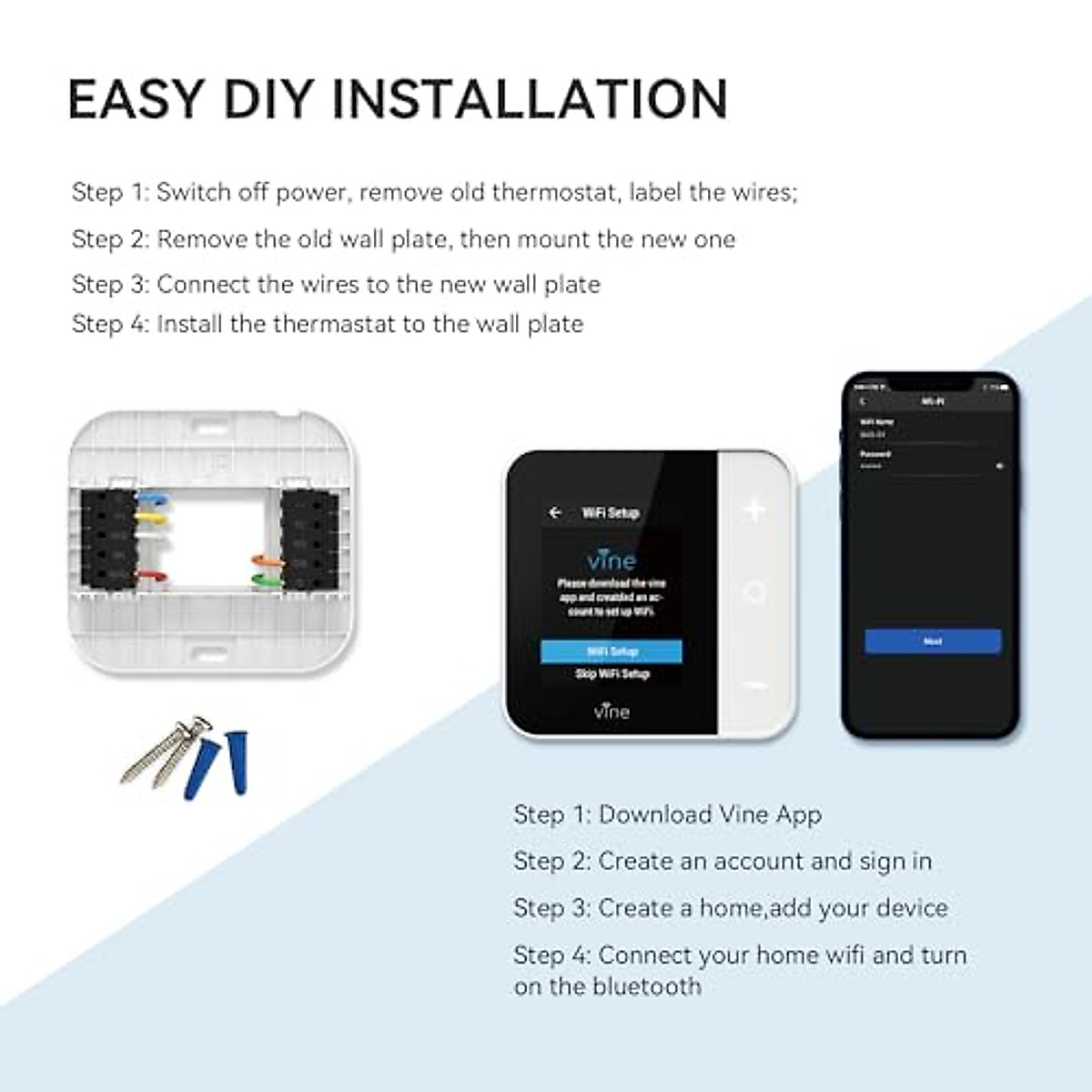 Vine Thermostat for Home with Touchscreen Color Display, WiFi Smart Thermostat Compatible with Alexa and Google Assistant, 7day/8period Programmable, Energy Saving, C-Wire Required, Screen Size 2.8"