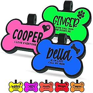 Dog Tag Engraved for Pets Personalized, Durable & Silent Silicone Dog ID Tags w/Deep Engraved 6 Lines of Text - 20 Icons, 14 Fonts, 8 Photoluminescent Colors, Bone Shaped