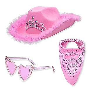 COLLECT PRESENT Light up Pink Cowboy & Cowgirl Hat for Women | Western Cowboy Style Light Up Tiara with Pink Bandana and Pink Heart Shape Sunglasses