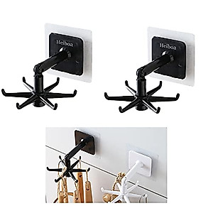 Kitchen Utensil Hanger with 6 Hooks, 2 Pack Under Cabinet Utensil Holder 360° Rotatable Kitchen Hooks Utensil Rack Space Saving No Drilling Nail Free Kitchen Utensil Organizer for Wall, Black