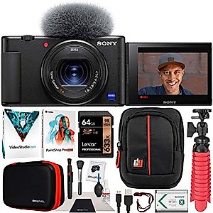 Sony ZV-1 Compact Digital Vlogging 4K HDR Video Camera for Content Creators & Vloggers DCZV1/B Bundle with Deco Gear Case + Software Kit + 64GB Card + Compact Tripod/Handheld Grip and Accessories