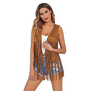 Verdusa Women's Tassel Sleeveless Vest 70s Hippie Faux Suede Fringe Jacket Cardigan Brown L