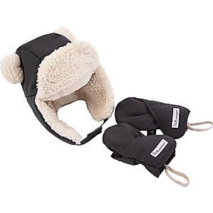 7AM Baby Hat & Mittens Set - Unisex Vegan Sherpa Lined Hat & Mittens for Newborn, Waterproof, Soft & Warm Baby Winter Hat & Gloves Set, Winter Baby Essentials | Benji Set (Smokey)
