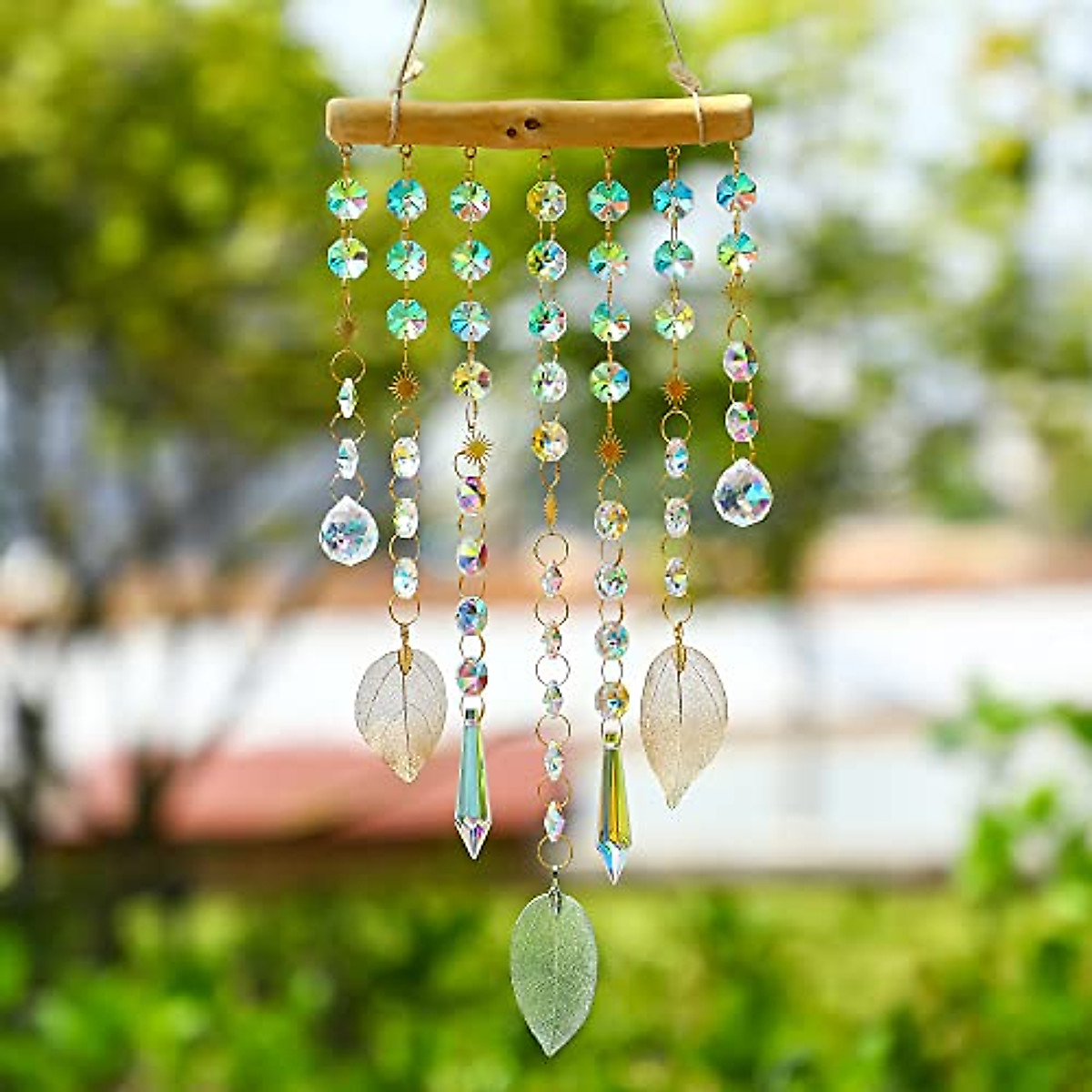 Hanging Window Suncatcher Rainbow Maker Glass Crystal Mobile Wind Chimes with AB Prisms & Natural Leaf Drops Home Wall Art Decoration Gift