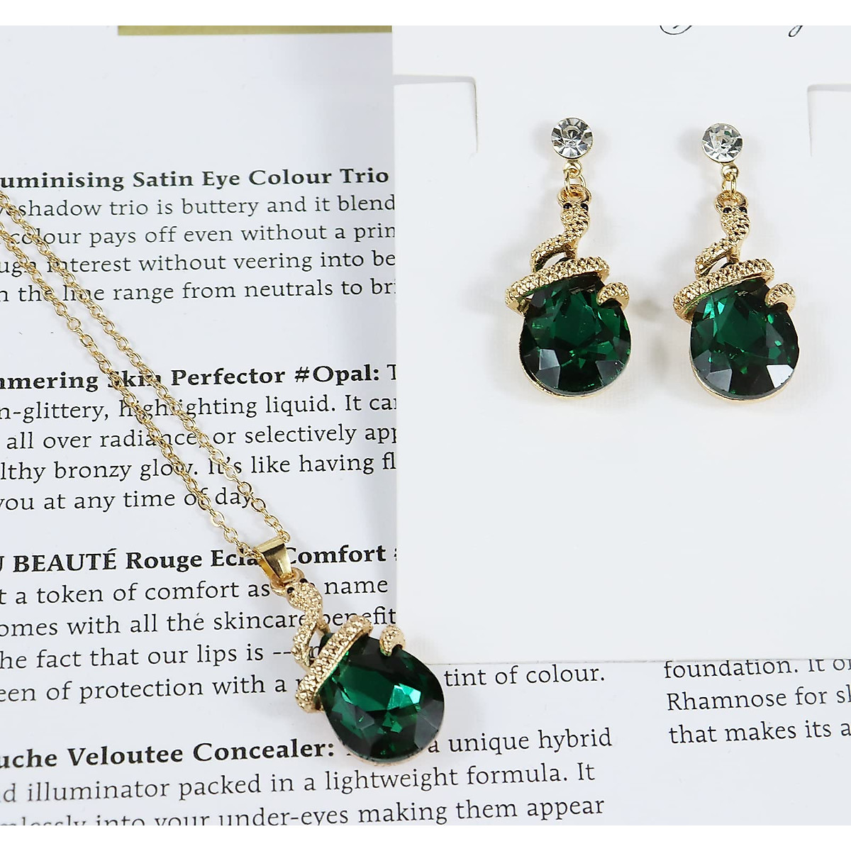 14K Gold Plated Drop Crystal Zircon Green Snake Pendant Necklace and Earring Jewelry Set