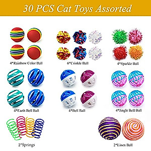 LASOCUHOO Cat Toys, Kitten Cat Ball Toys Assortments, Including Rainbow Ball, Crinkle Ball, Sparkle Ball, Bell Balls, Sisal Ball, Linen Ball for Cats and Kitten 30 PCS