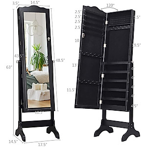AUGESTER Lockable Mirrored Standing Jewelry Armoire Organizer, Large Storage Jewelry Cabinet w/Full Length Outside Mirror, 4 Angel Adjustable & Top Arc Design, 2-in-1 Jewelry Box Organizer (Black)