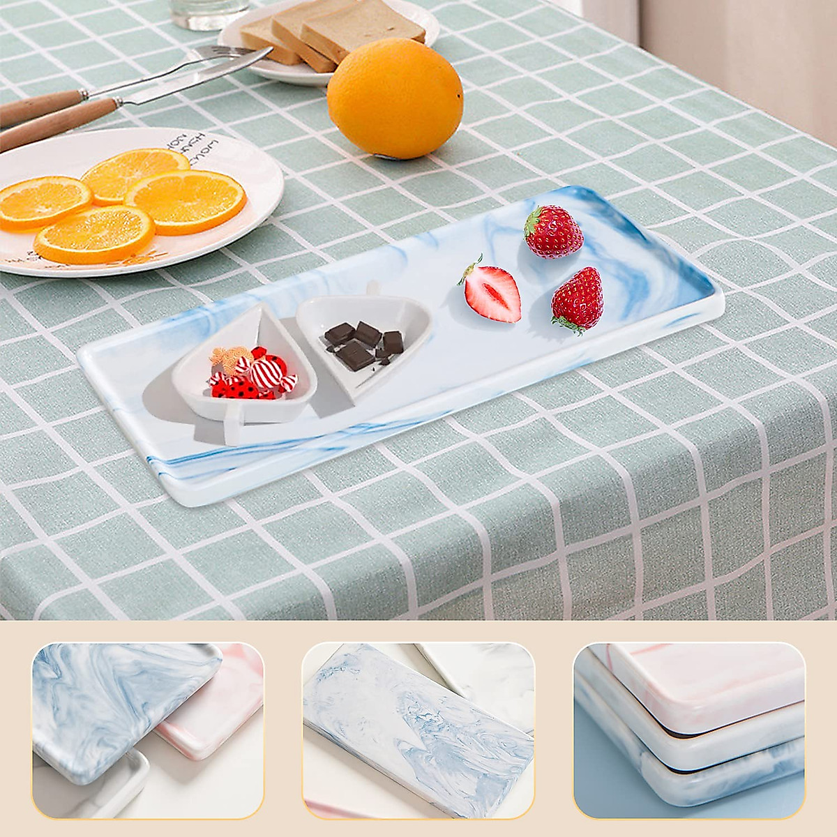 Gute 10" Ceramic Bathroom Tray for Counter, Vanity Sink Tray for Bathroom, Small Rectangle Ceramic Sink Tray, Kitchen Soap Tray, Marble Tray for Kitchen Counter, Blue